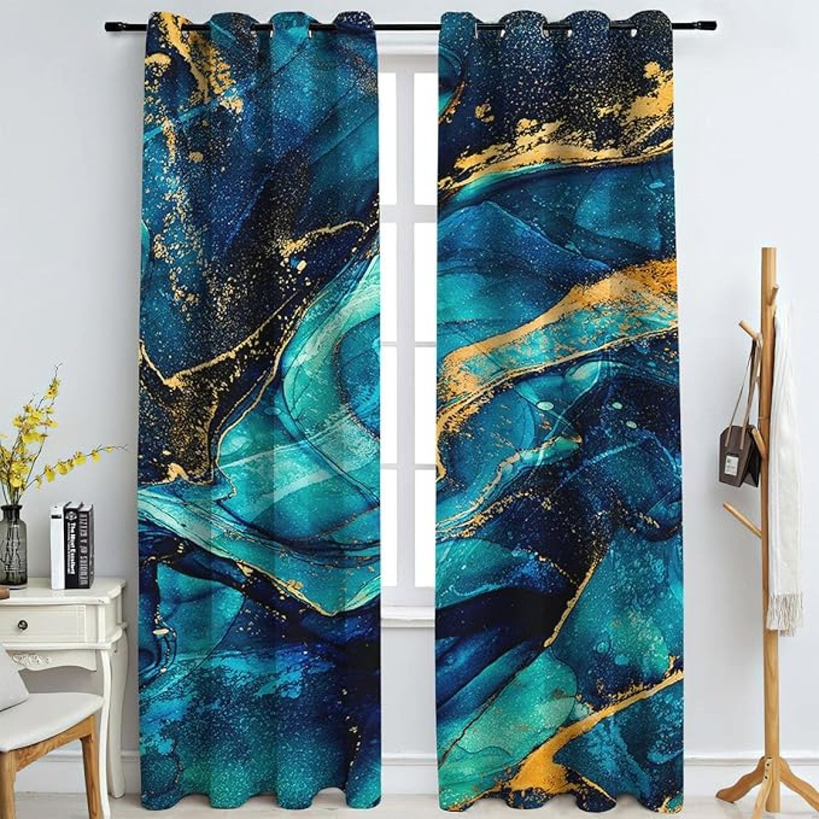 Luxurious Emerald Green Marble Texture Blackout Curtains, Modern Golden ...
