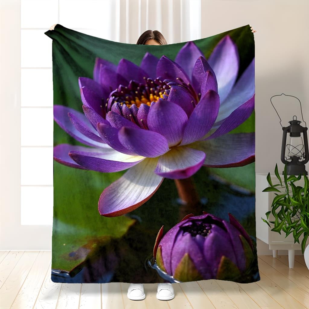 Luxurious Flannel Shawl Blanket, Lotus Design - Soft Polyester, Digital ...