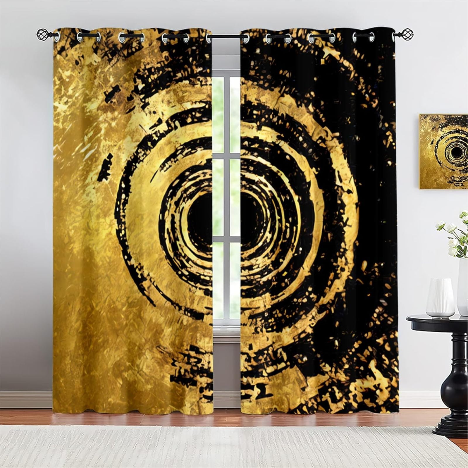 Luxurious Gold Foil Abstract Design Blackout Curtains, Modern Black ...