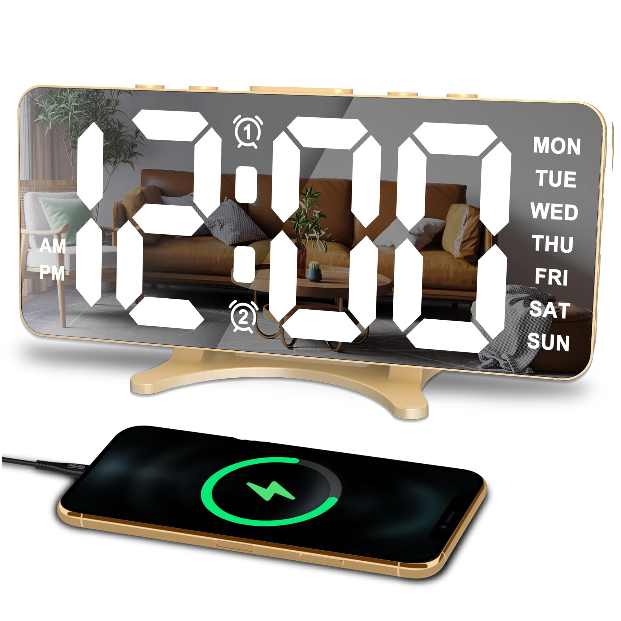 Alarm Clocks for Bedrooms, LED Mirror Digital Clock, Large Display with Dimming Mode, Dual ...