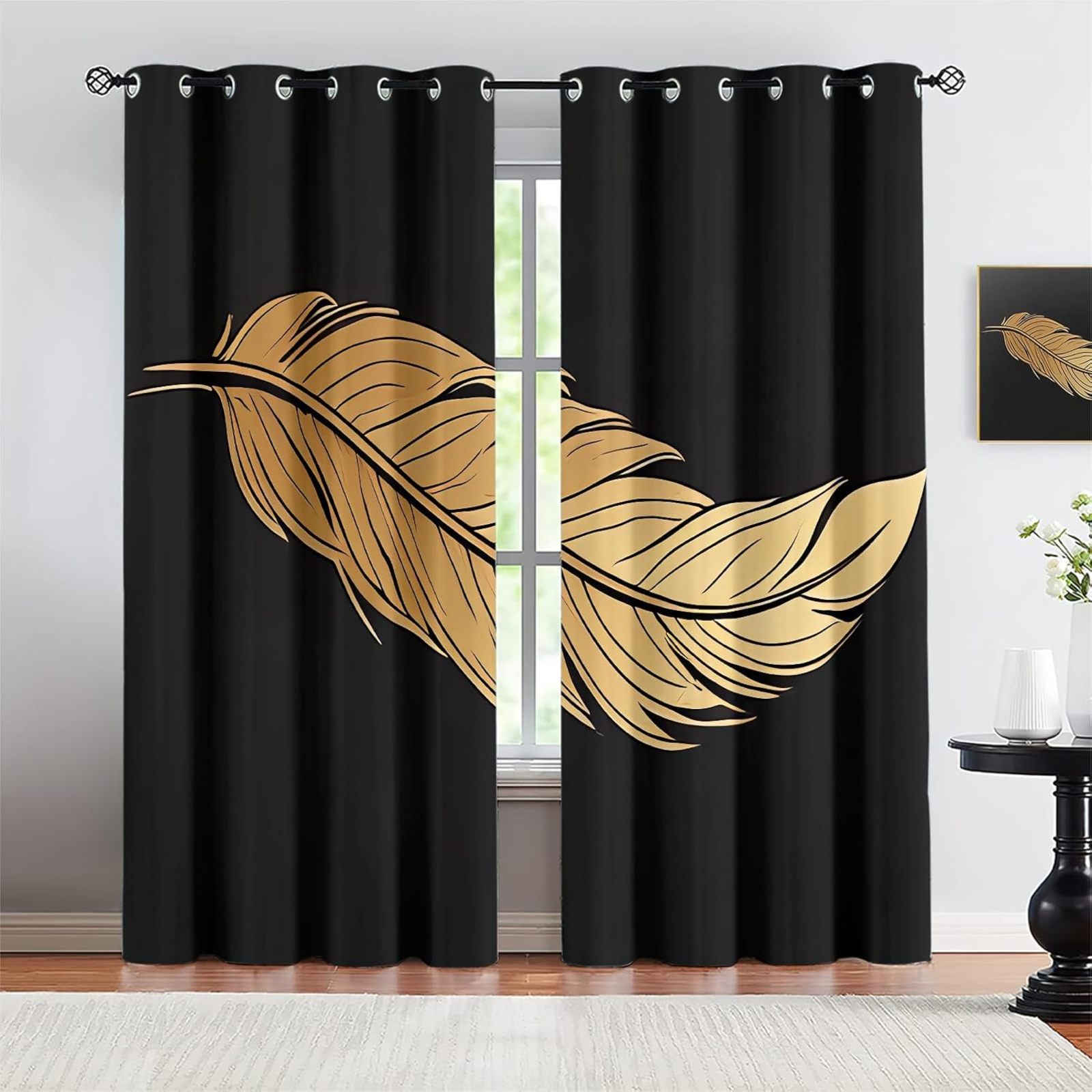Luxurious Golden Feathers Curtains For Bedroom, Modern Design Art 2 ...