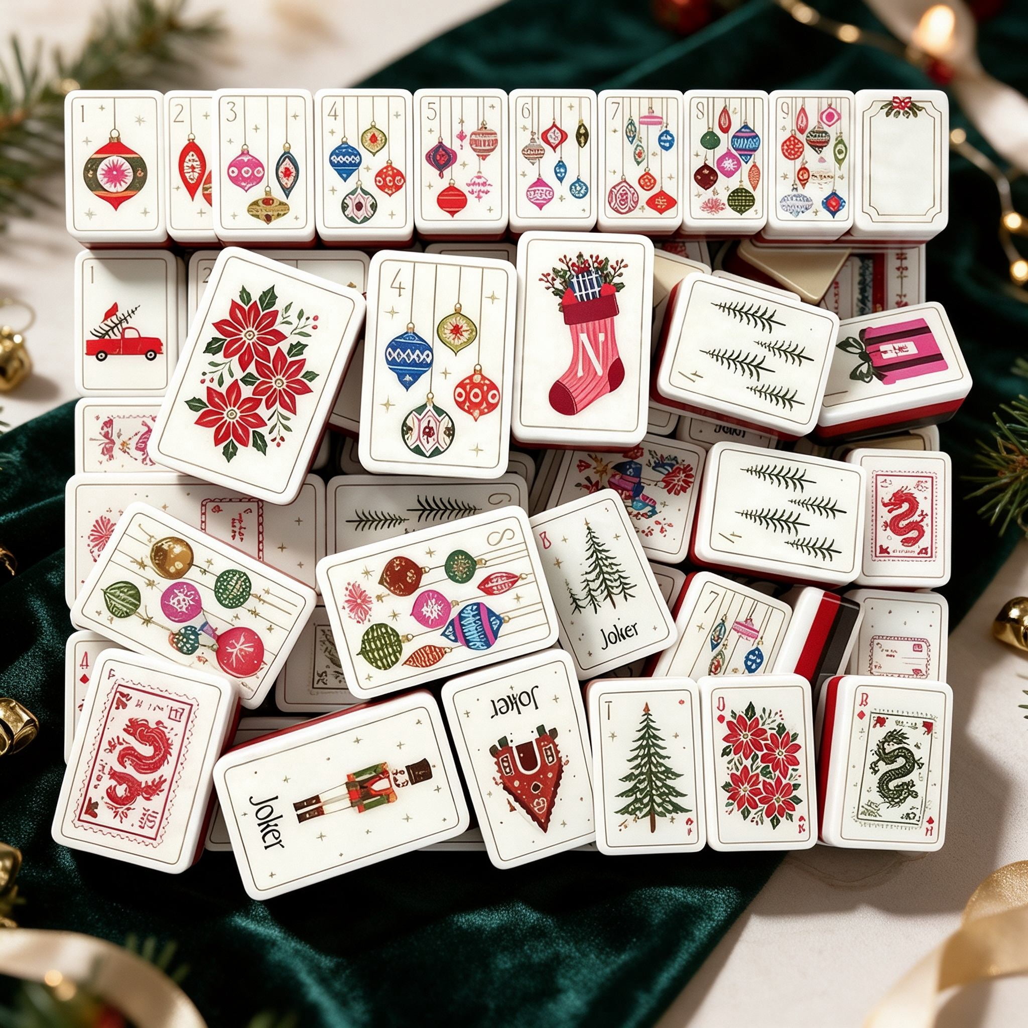Luxurious Golden Walnut-style American Mahjong Tiles with a Christmas ...