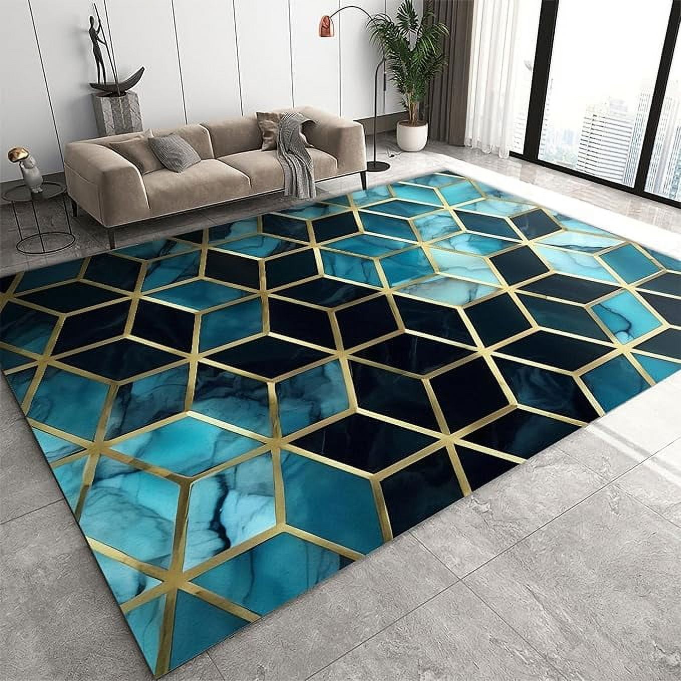 Luxurious Gradient Blue Marble Area Rug, Golden Geometric Honeycomb ...