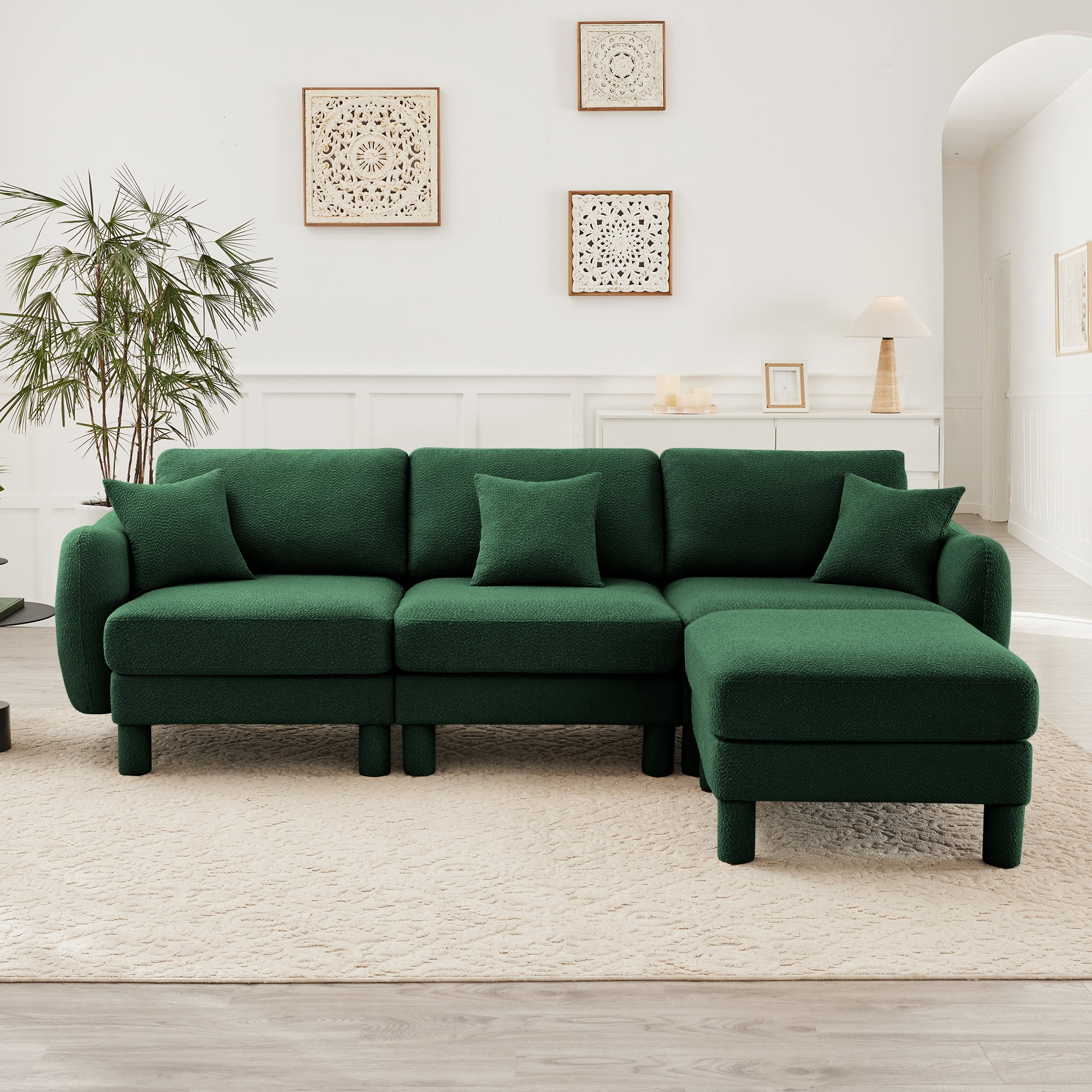 Luxurious Green Boucle Fabric Convertible L-Shape Sectional Sofa Couch ...