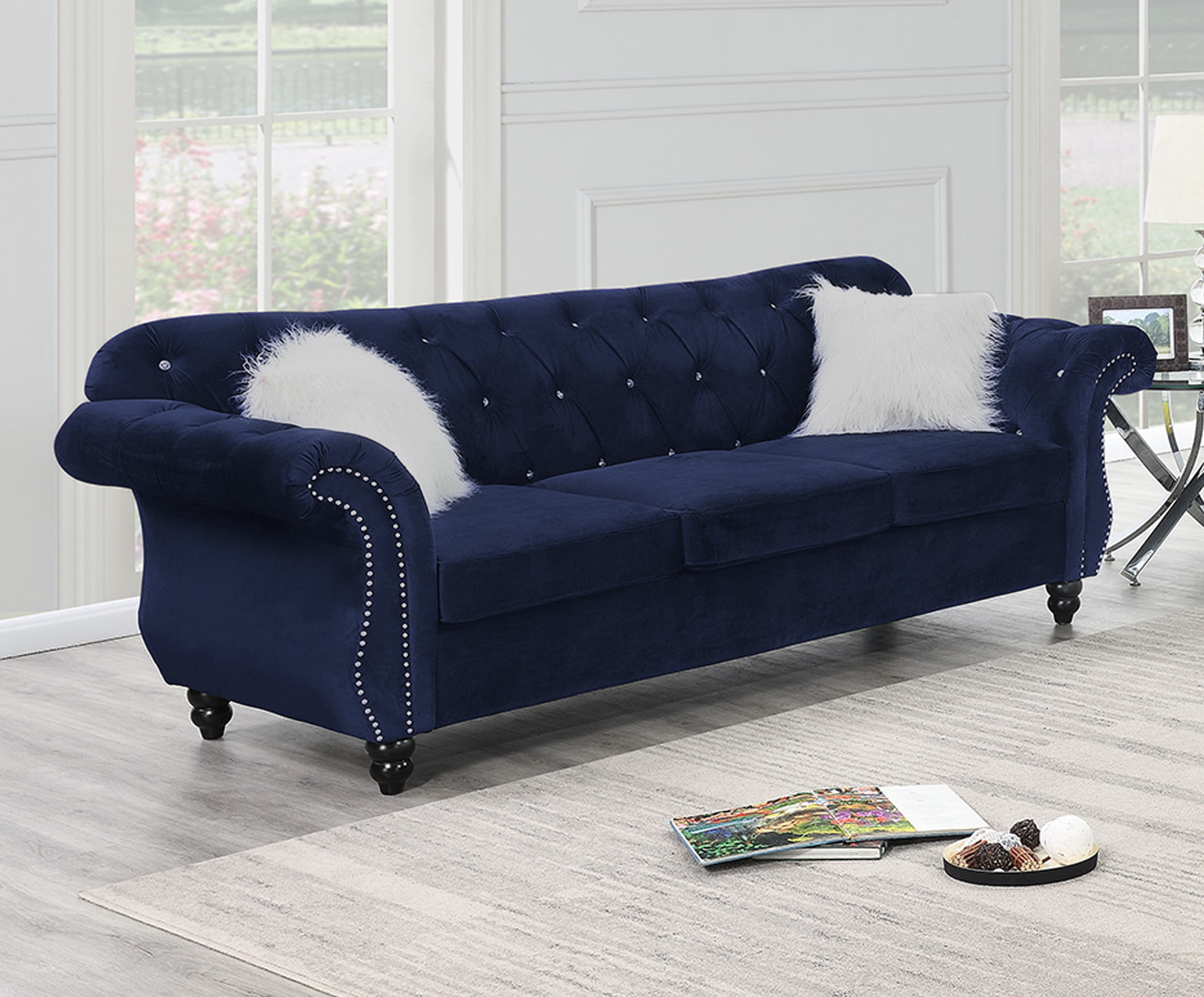 Luxury Indigo Velvet Sofa with Crystal Tufting & Silver Nailhead Trim ...