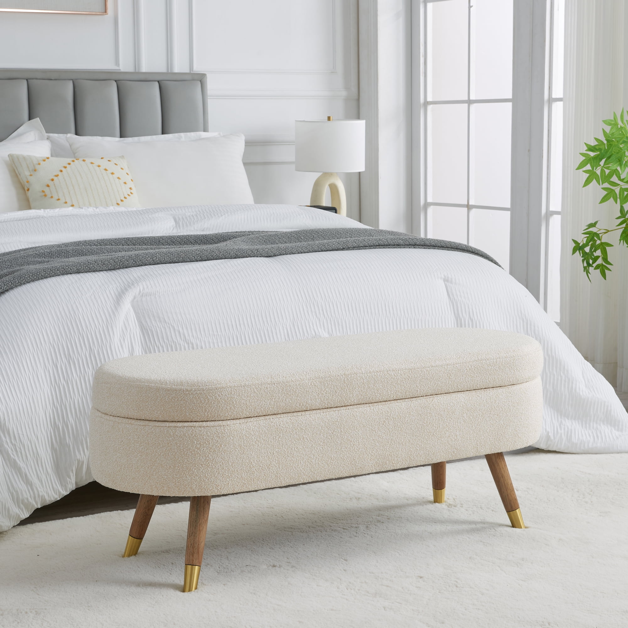 Luxurious Ivory Upholstered Boucle Ottoman Stylish Storage Bench with ...