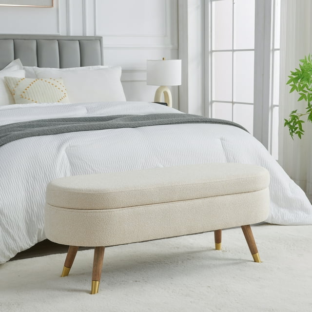 Luxurious Ivory Upholstered Boucle Ottoman Stylish Storage Bench with ...