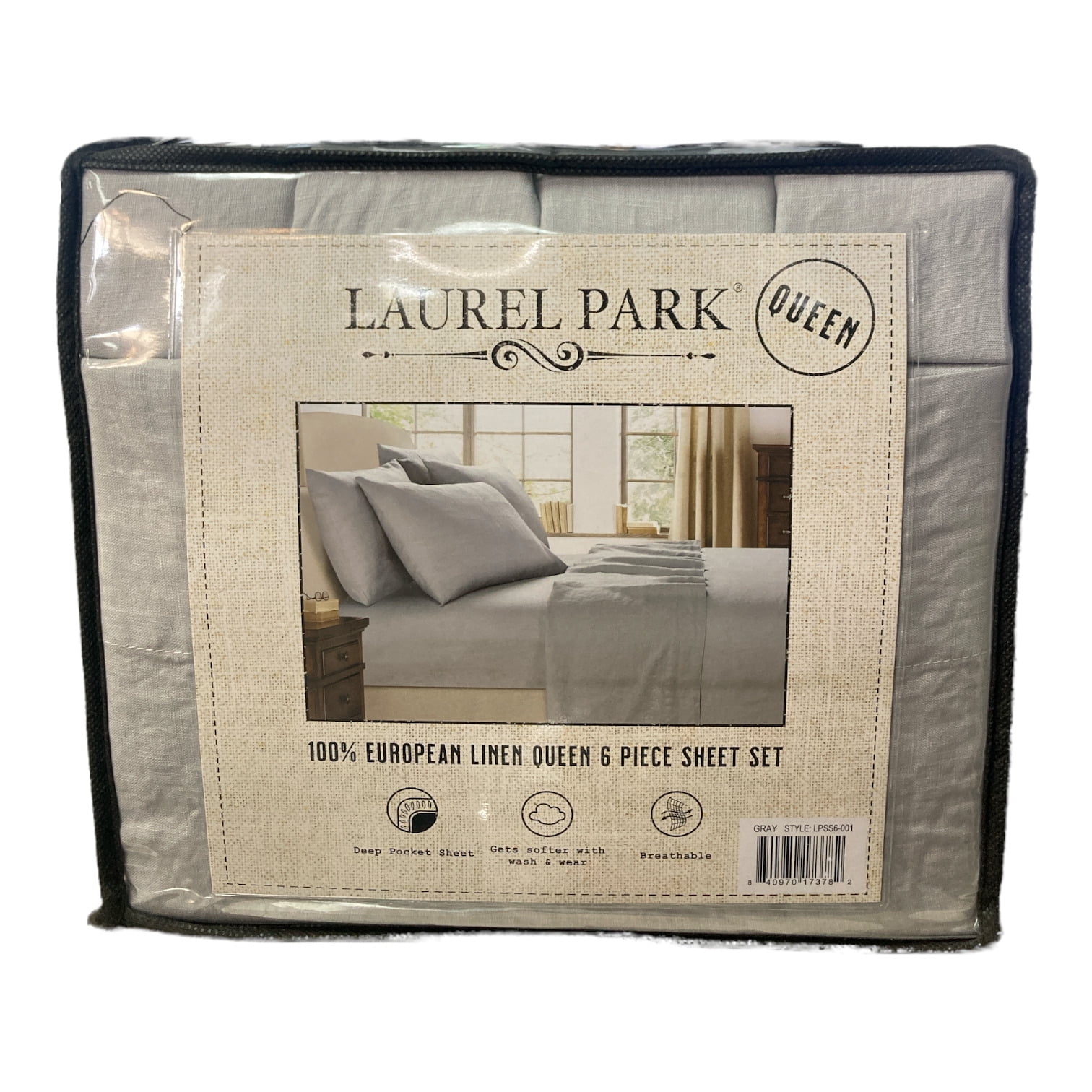 Luxurious Laurel Park 100% Linen 6-Piece Sheet Set (Queen, Grey ...