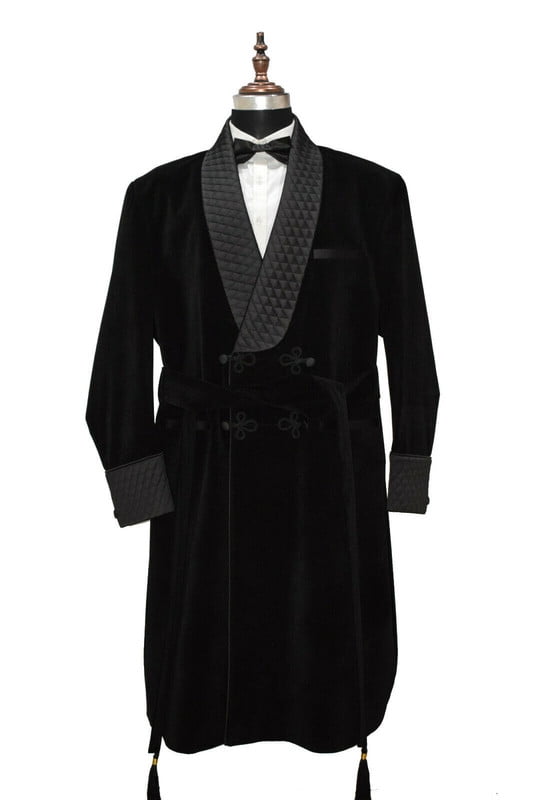Luxurious Mens Quilted Black Velvet Dressing Gown Robe Below Knee ...