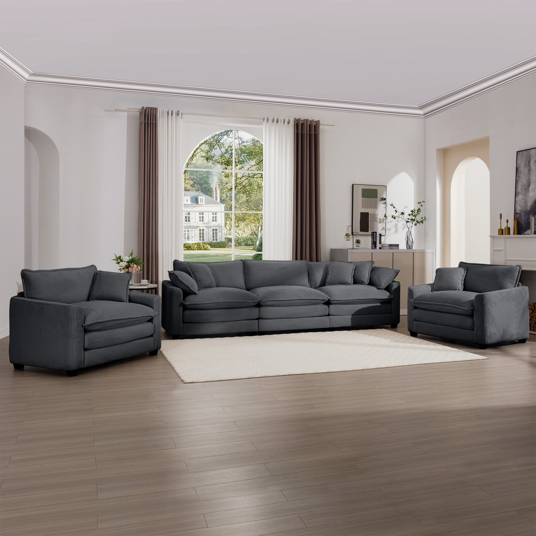 Luxurious Modern Sofa Set with Memory Foam Cushions & Pillows, Grey ...