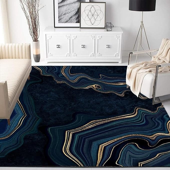 Luxurious Navy Blue Marble Texture Area Rug, Abstract Geometric Gilt ...