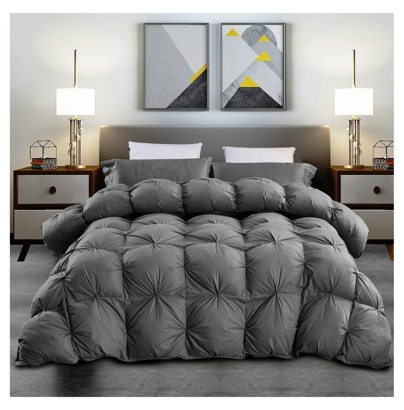 Luxurious Oversized California King Goose Down Comforter, 108 X 98 inches, UNIQUE Gray Pinch ...