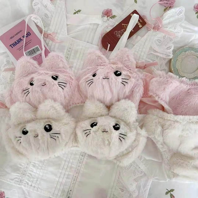 Luxurious Pink Cat Plush Bra Set, Soft Fur Bra and Panties, Seductive ...