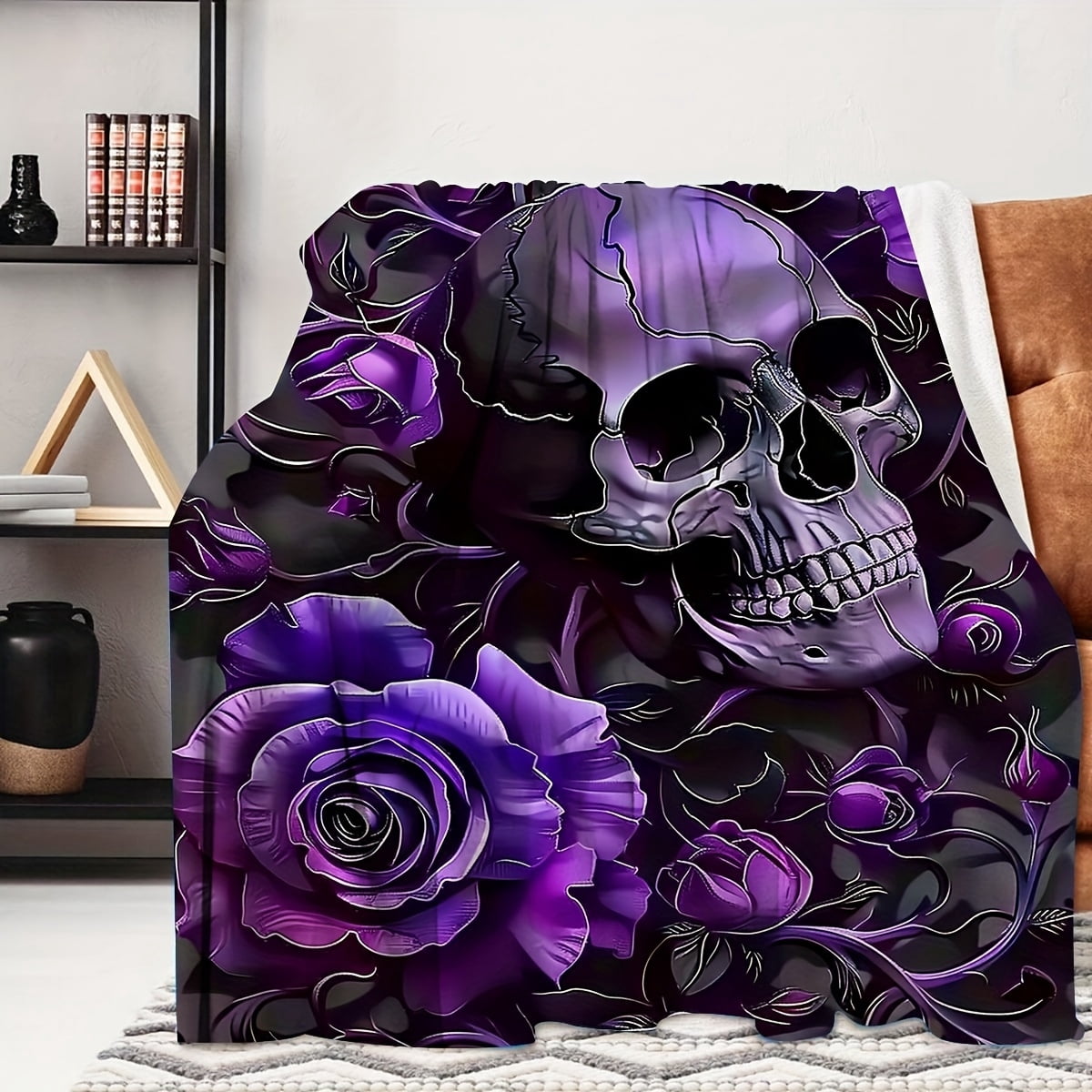 Luxurious Purple Rose & Skull Throw Blanket Gothic Style Soft Ideal for ...