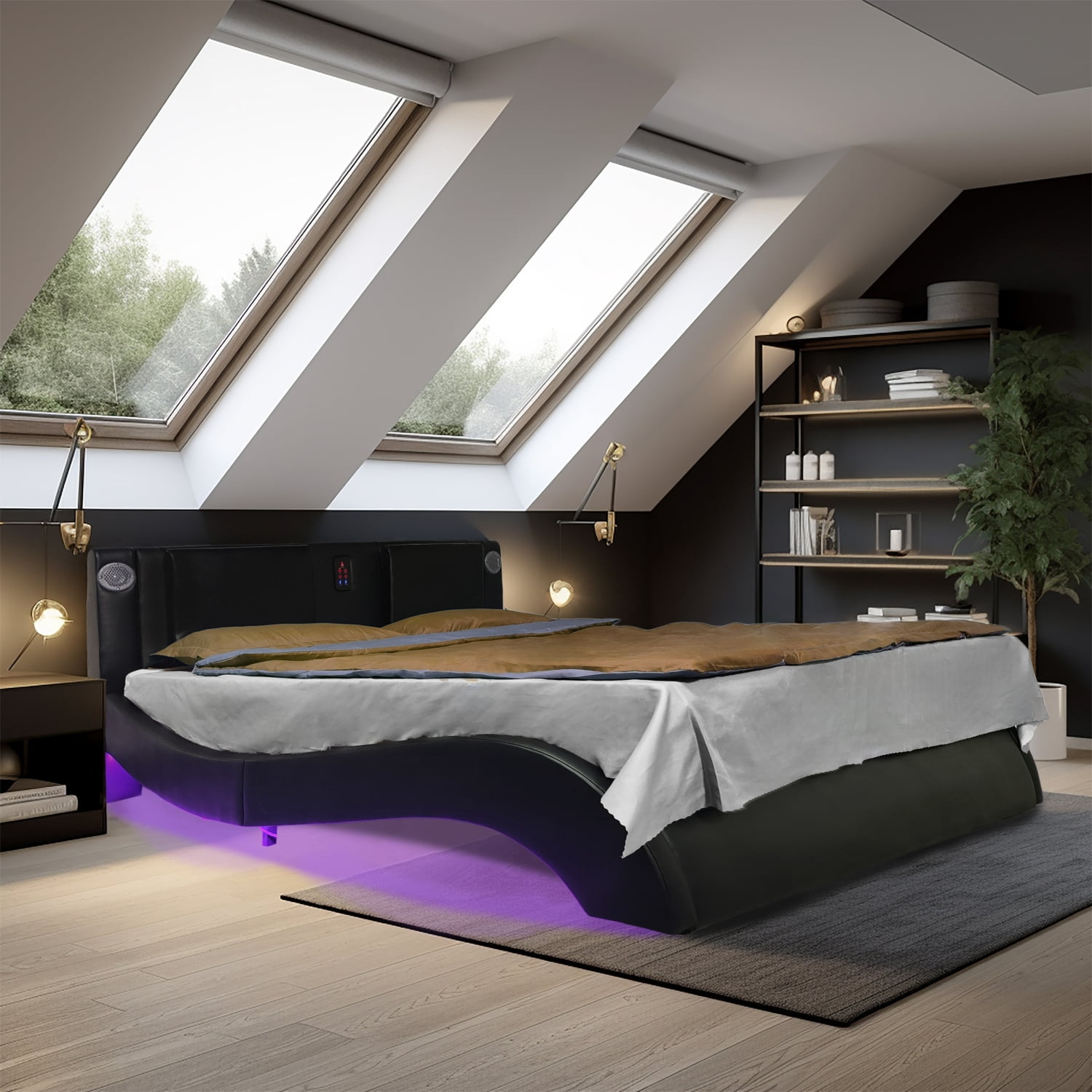 Luxurious Queen Faux Leather Bed Frame with LED Lights Bluetooth ...