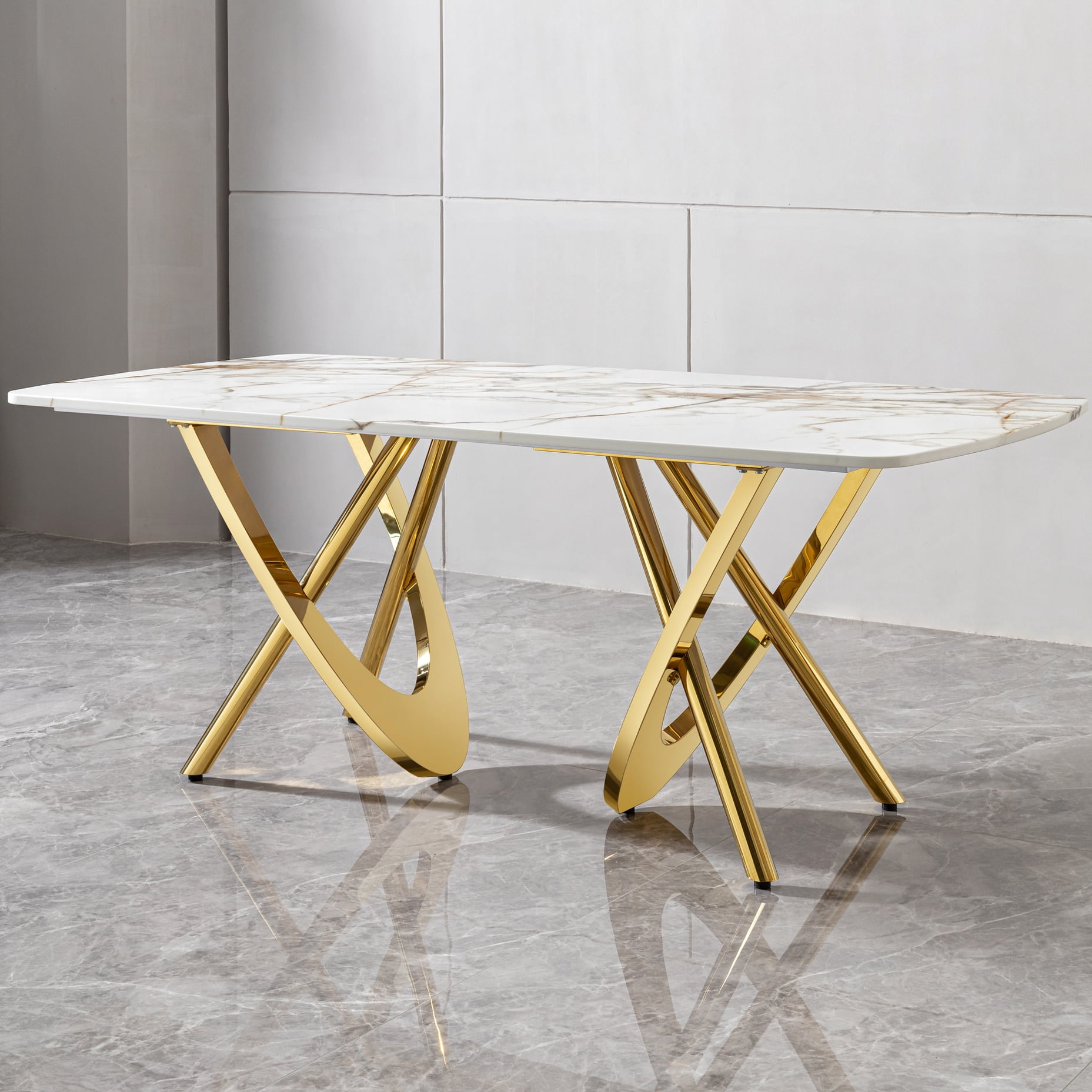 Luxurious Rectangular Marble Texture Table With Gold Stainless Steel ...
