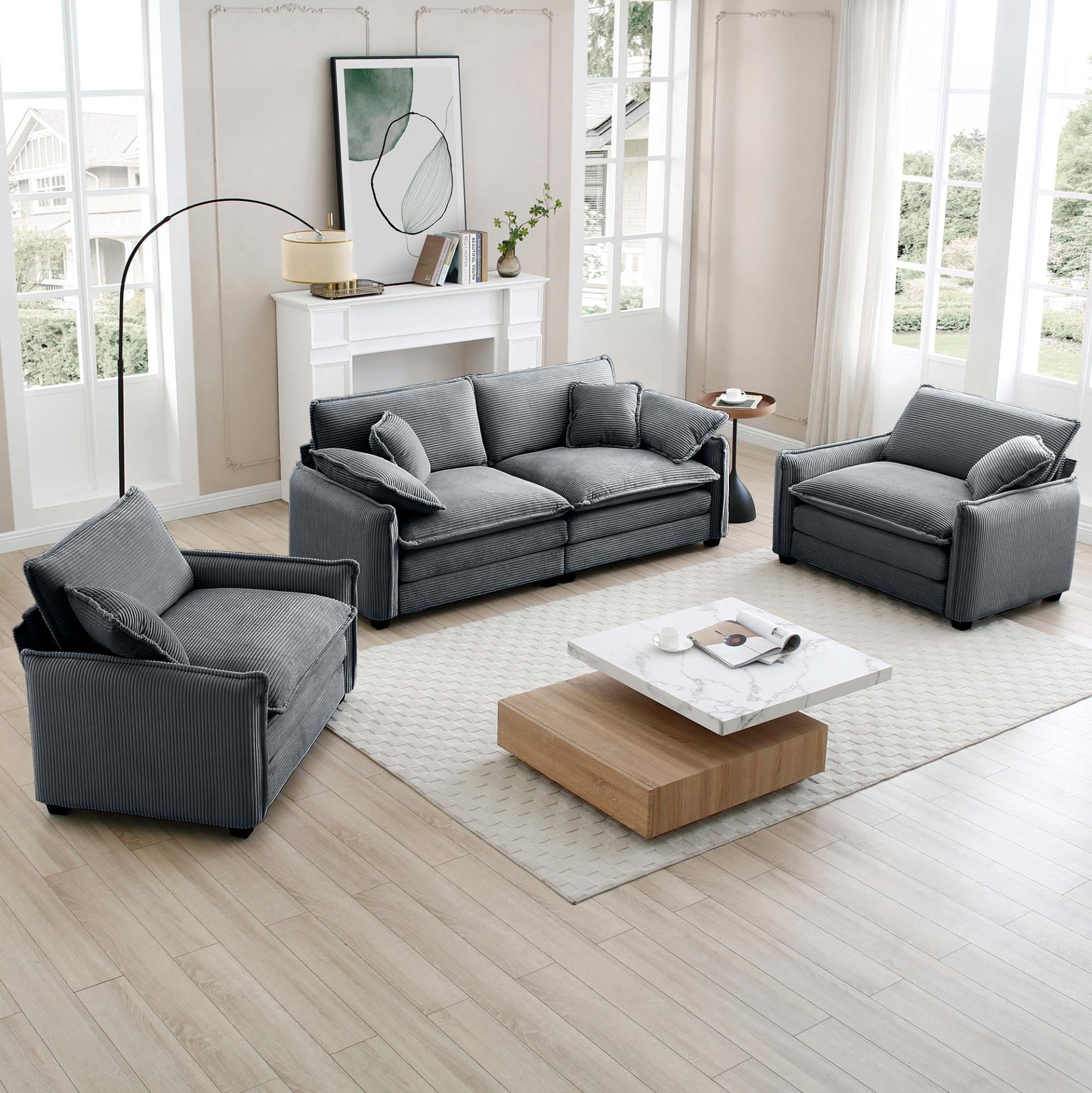 Luxurious Retro-Modern Sofa Set with Grey Corduroy Fabric, Ergonomic Design & Memory Foam ...