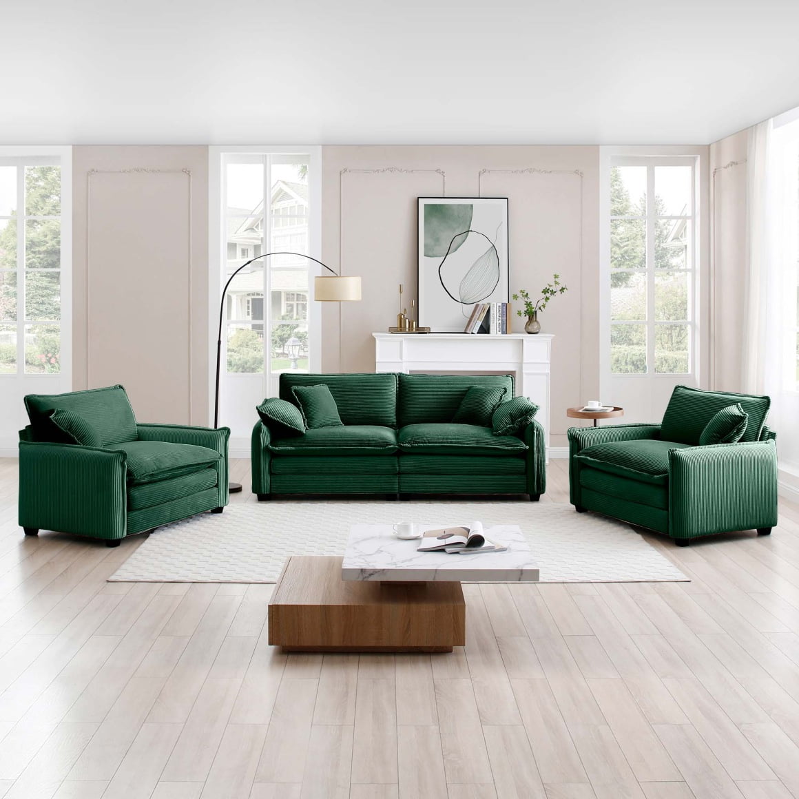 Luxurious Retro Sofa Set with Memory Foam Cushions & Green Corduroy ...