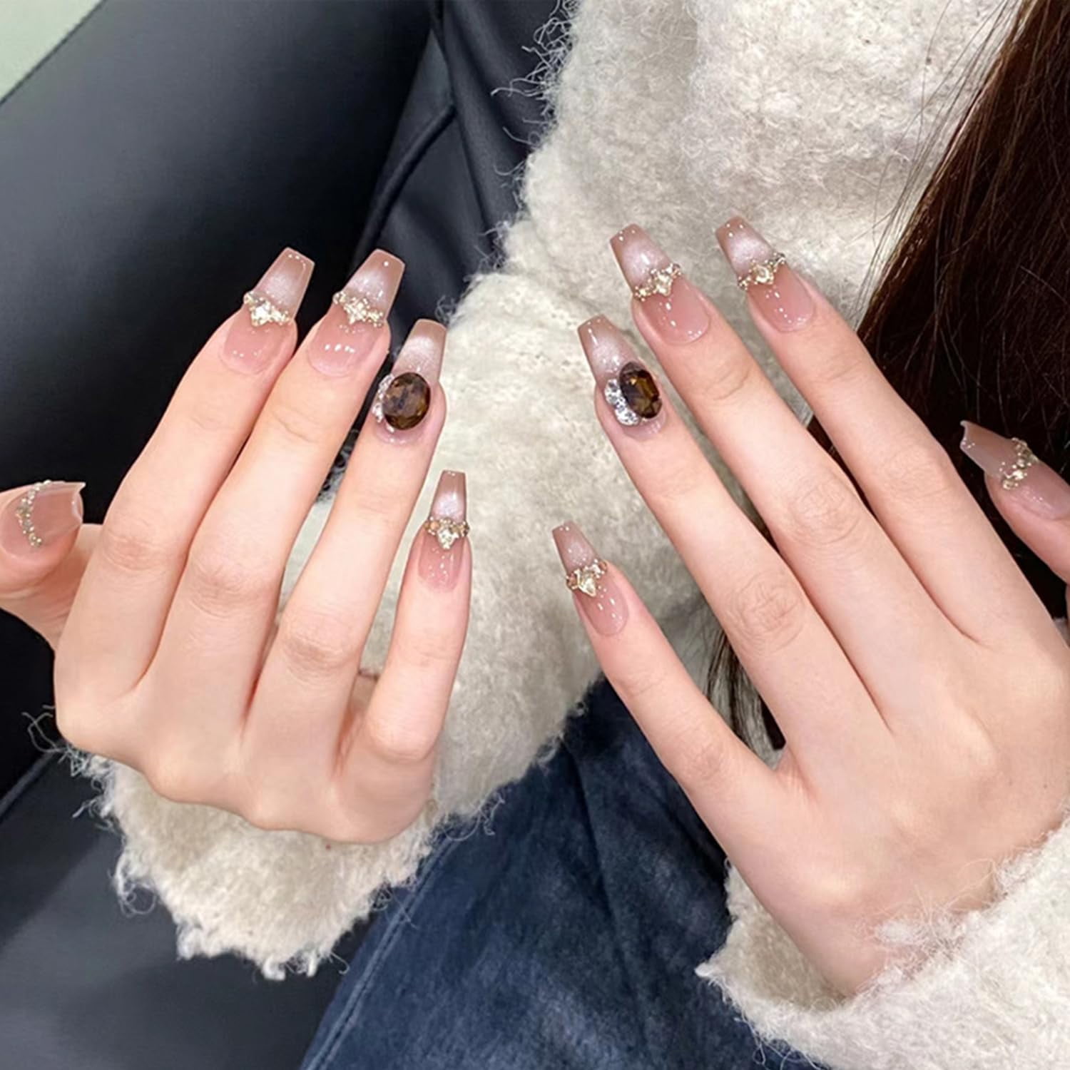 Luxurious Rhinestones Press on Nails Long Square Fake Nails Cat Eye ...