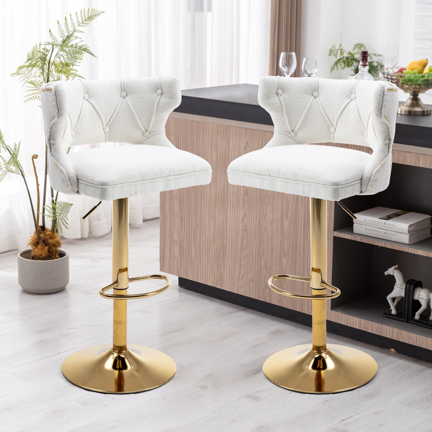 Luxurious Set of 2 Cream Boucle Bar Stools - Counter Height with Gold ...