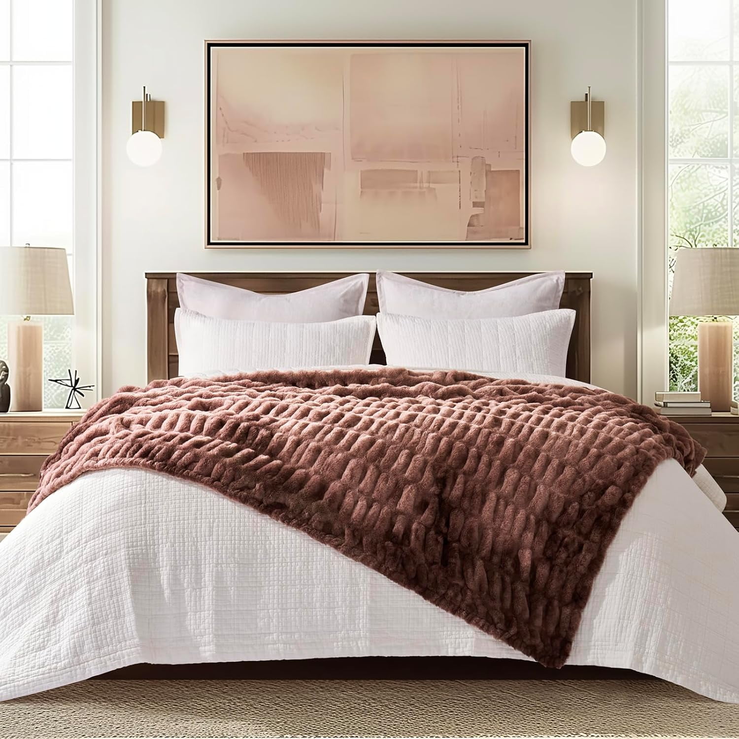 Luxurious Soft Light Sand Velvet Quilt Set King Size and Mocha Brown ...