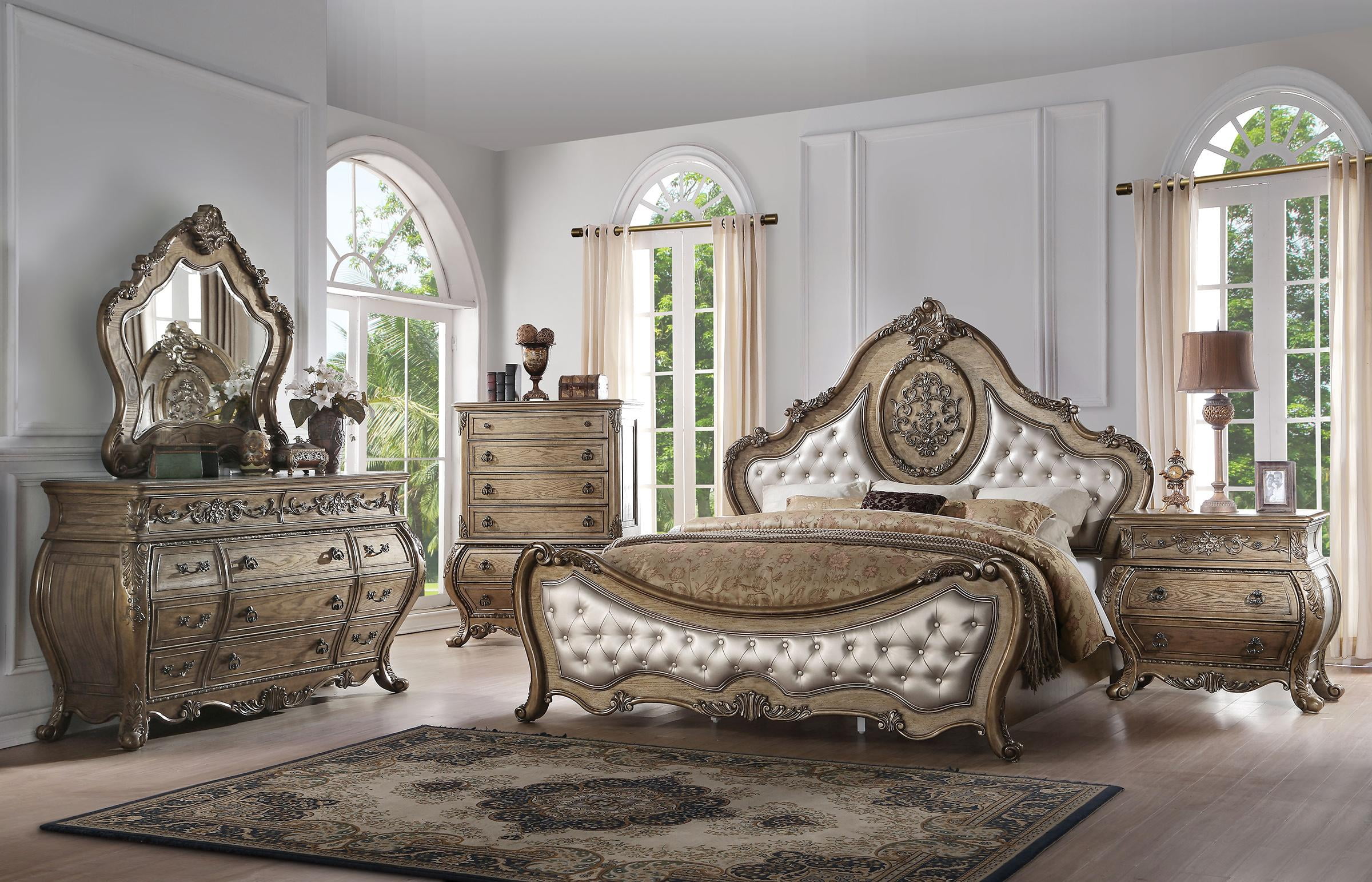 Luxurious Traditional Design 5pc Queen Bed Nightstand Dresser Chest Mirror Vintage Oak Finish Formal Bedroom Furniture Set