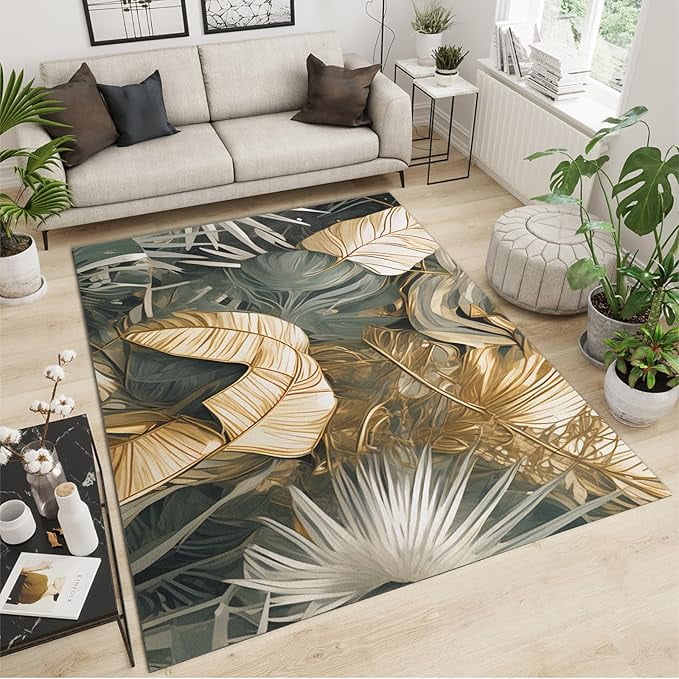Luxurious Tropical Plant Leaves Area Rug, Green Golden Palm Leaves ...