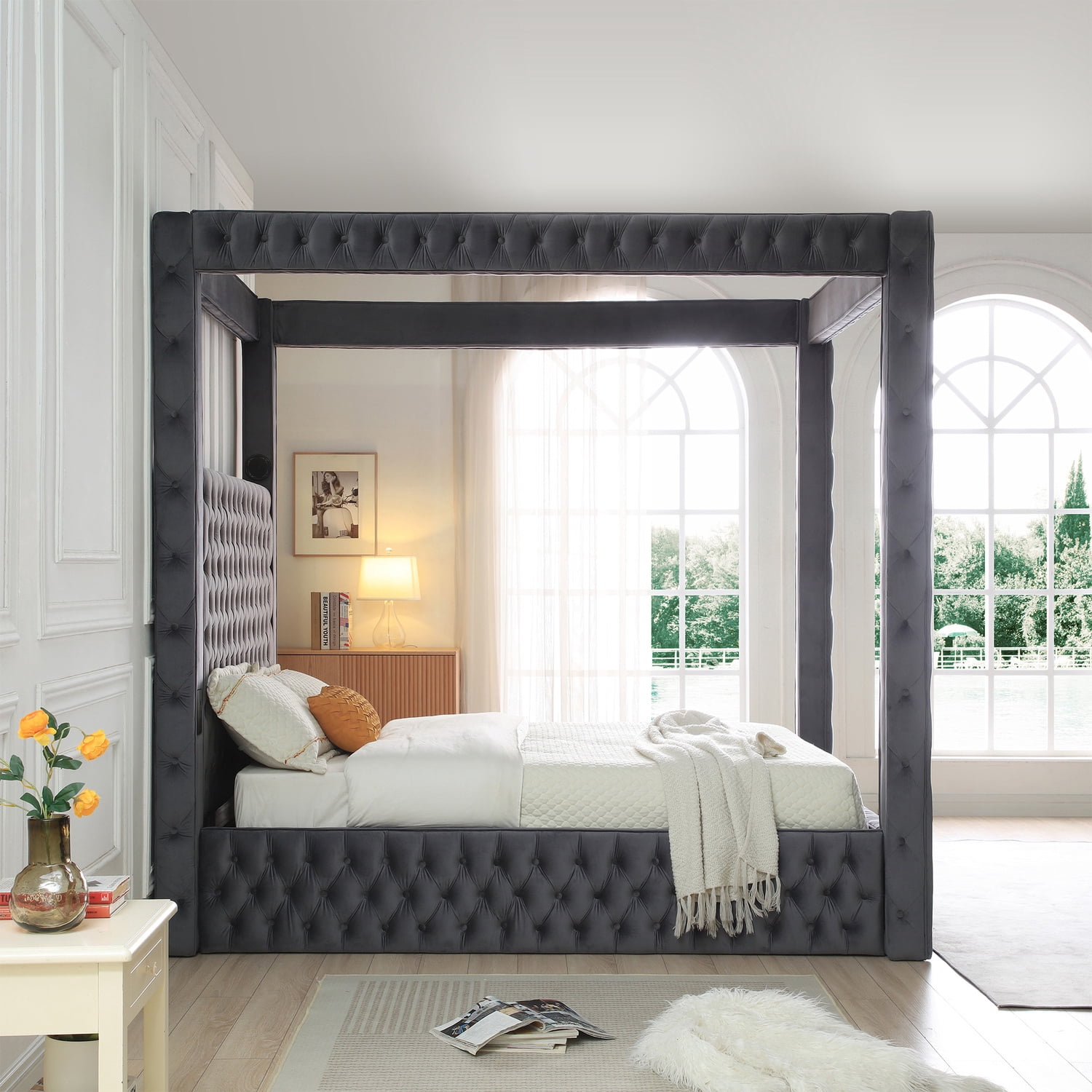 Luxurious Velvet Canopy King Bed with Speaker and USB Connection in ...