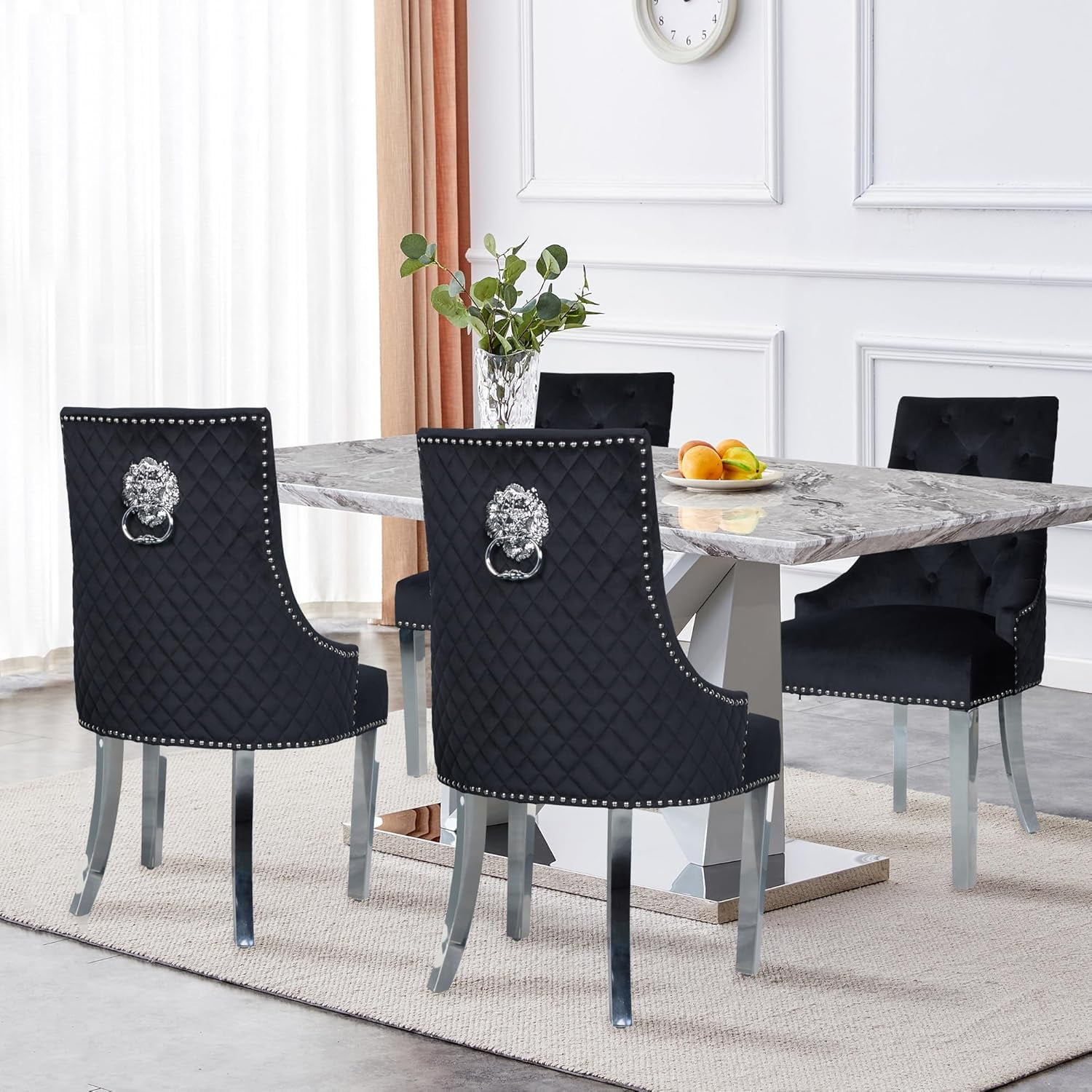Luxurious Velvet Dining Chairs Set of 4 with Lion Pull Ring and Stainless Steel , Tufted ...