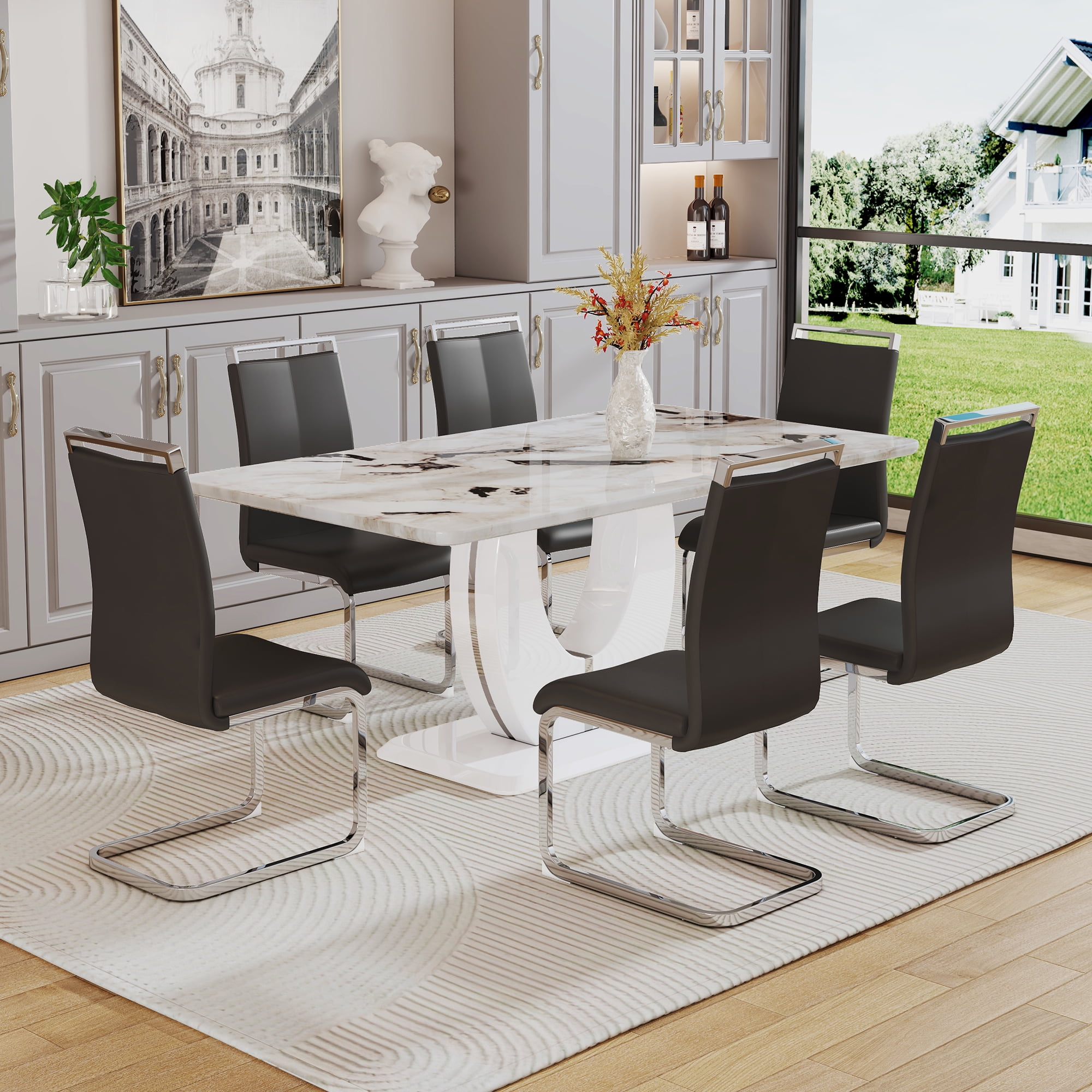 Luxurious White Rectangular Dining Table and Soft Comfortable Chairs ...