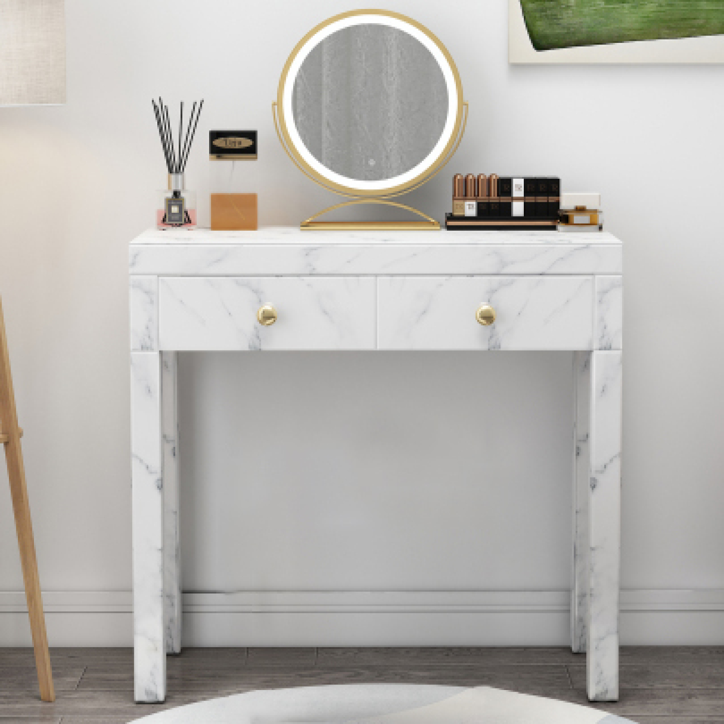 Luxurious White Tempered Glass Dressing Table with Marble Texture ...