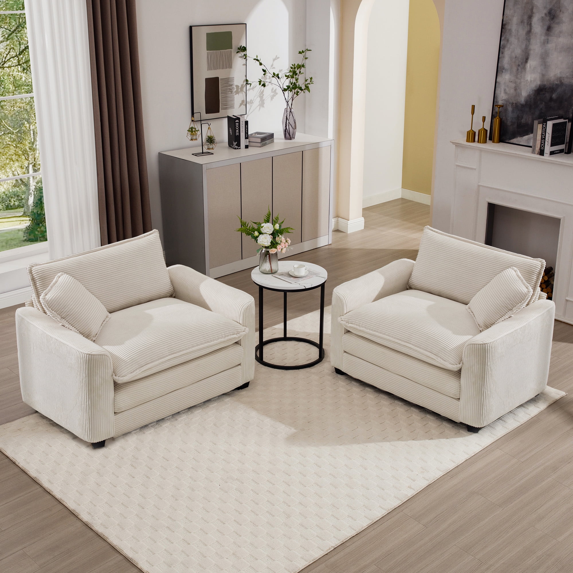 Luxurious and Sophisticated Deep Seated Sofa Set with Two Single Sofas in Light Beige Corduroy ...