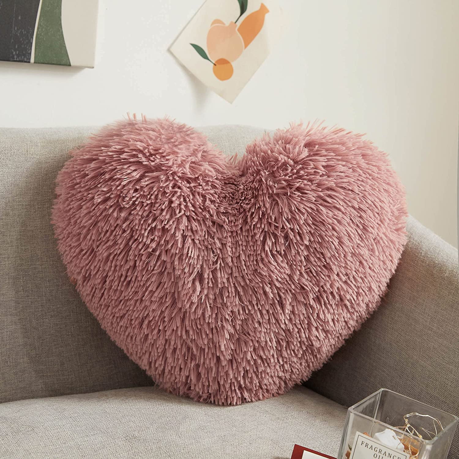 Luxury 15"x17" Faux Fur Heart Shaped Pillow. Cute Plush Shaggy ...