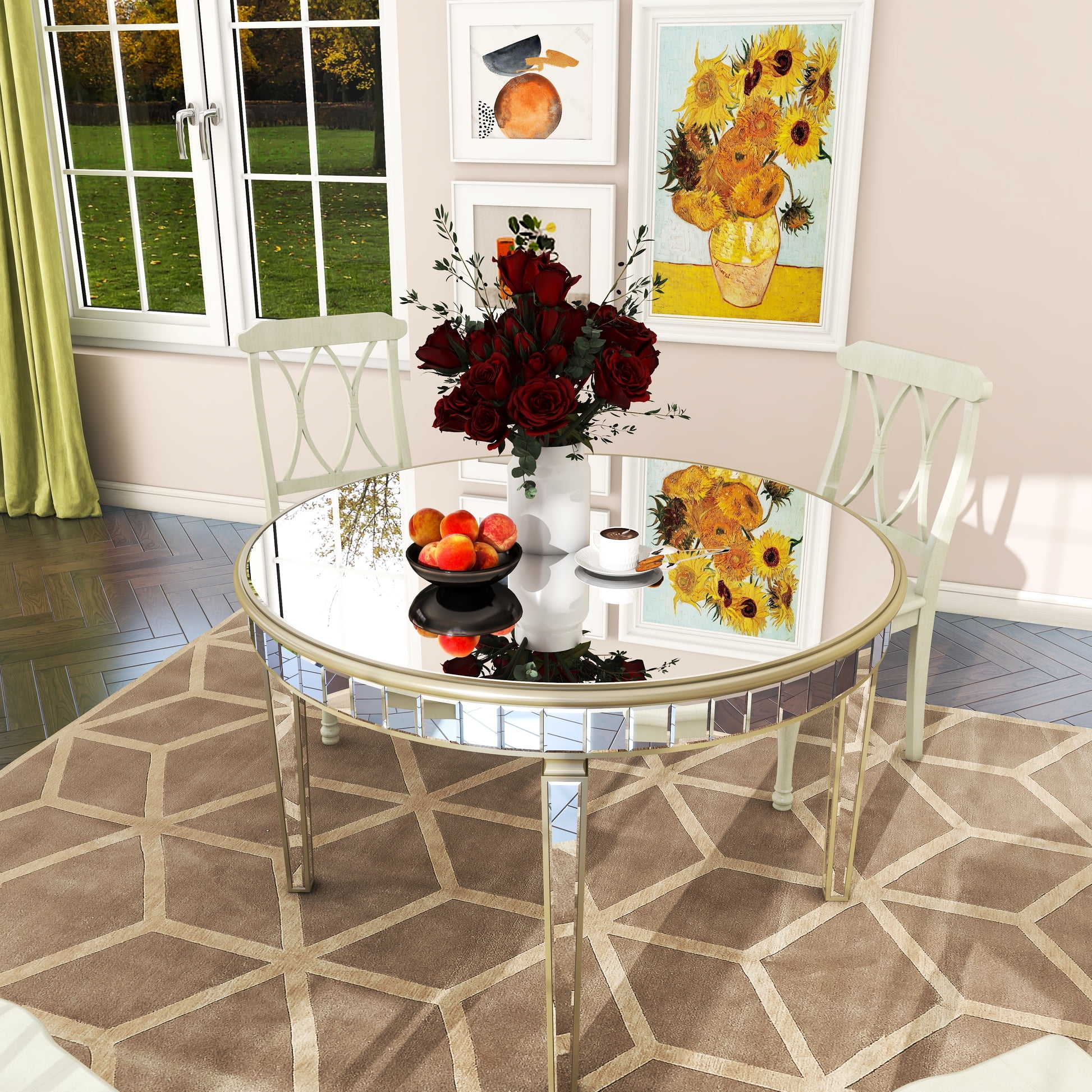 Luxury 46.58" Round Dining Table With Mirrored Surface, Vintage Charm ...