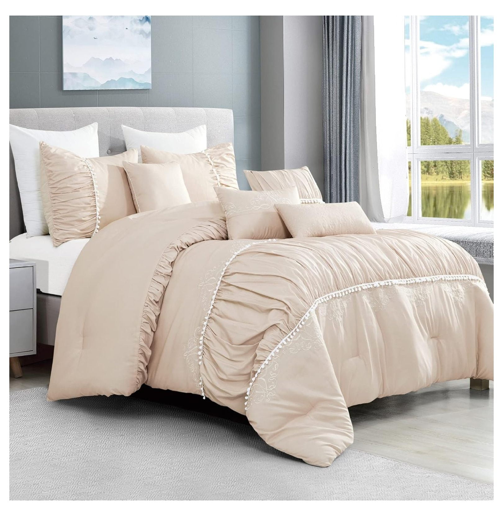 Luxury 7 Piece Full/Queen Comforter Set with Shams Cushions, Modern ...