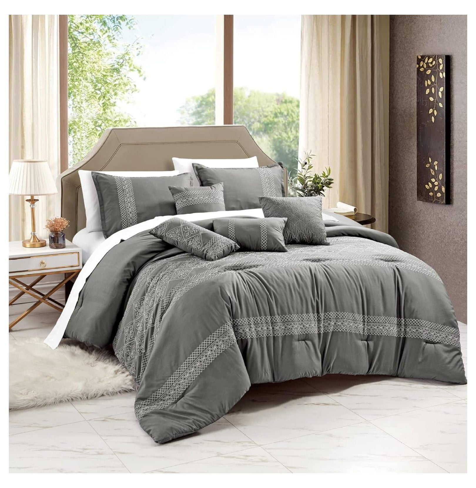Luxury 7 Piece Full/Queen Comforter Set with Shams Cushions, Pinch ...