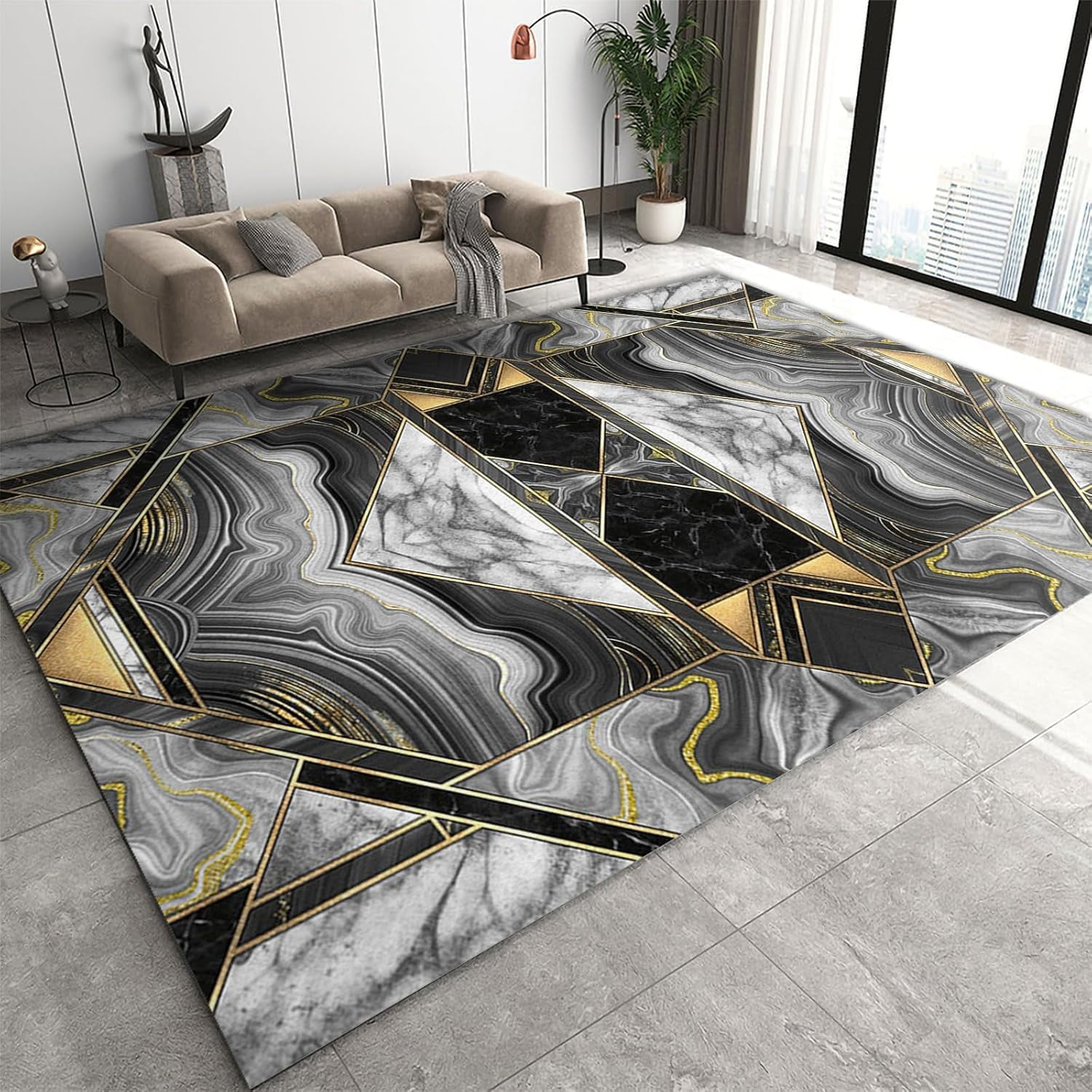 Luxury Abstract Black Marble Area Rug 5'x8' Geometric Marble Pattern ...