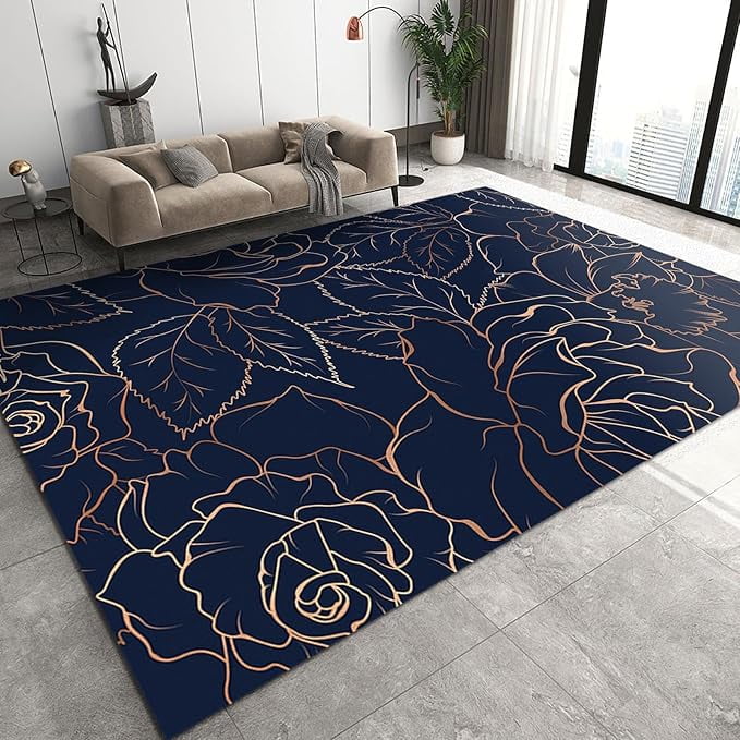 Luxury Abstract Rose Gold Peony Flower Art Area Rugs, Modern Navy Blue ...