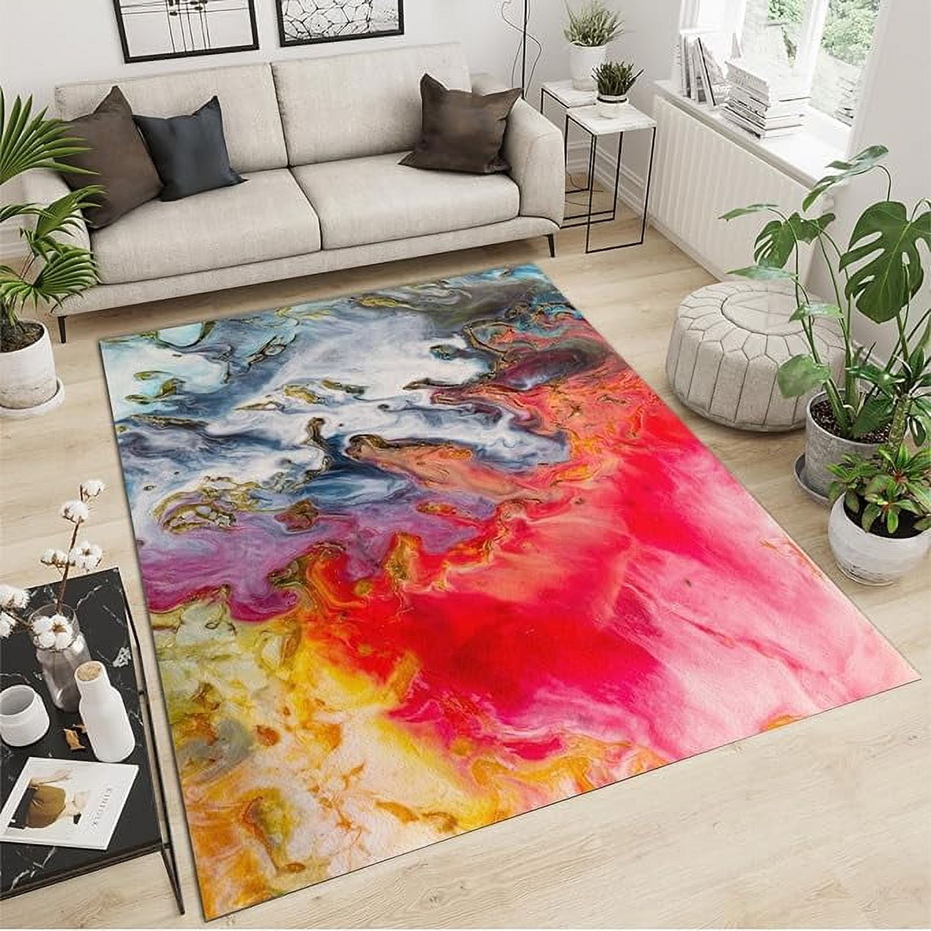 Luxury Anti-slip Rug, Abstract Bright Red Yellow Blue Gold Fluid Area ...