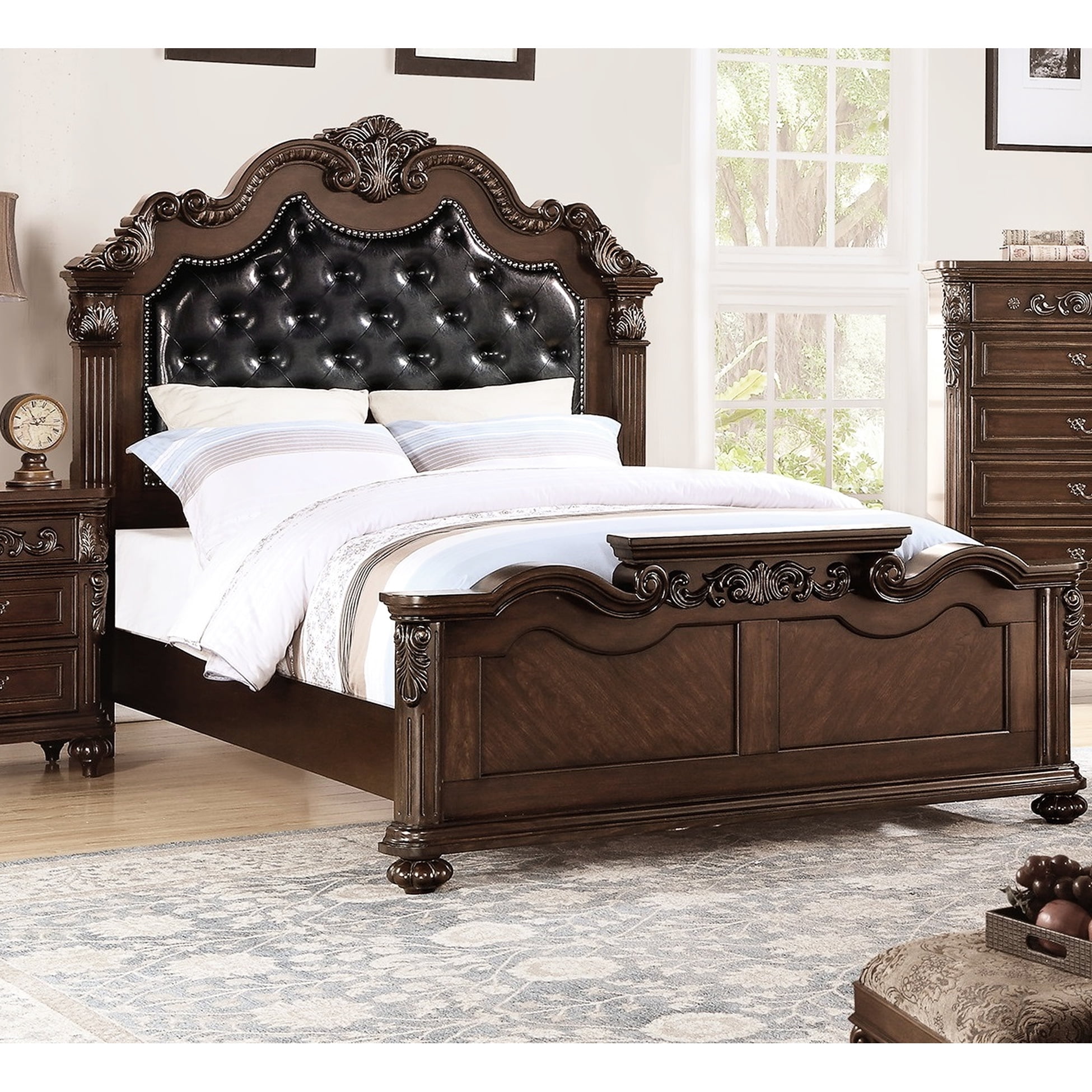 Luxury Antique Cherry Wooden Bedframe With Faux Leather Headboard For ...