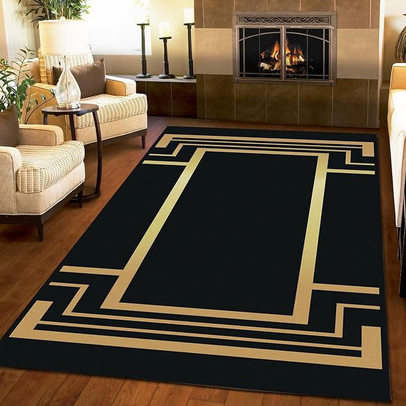 Luxury Art Washable Rugs, Abstract Black Gold Geometry Area Rugs, Anti ...