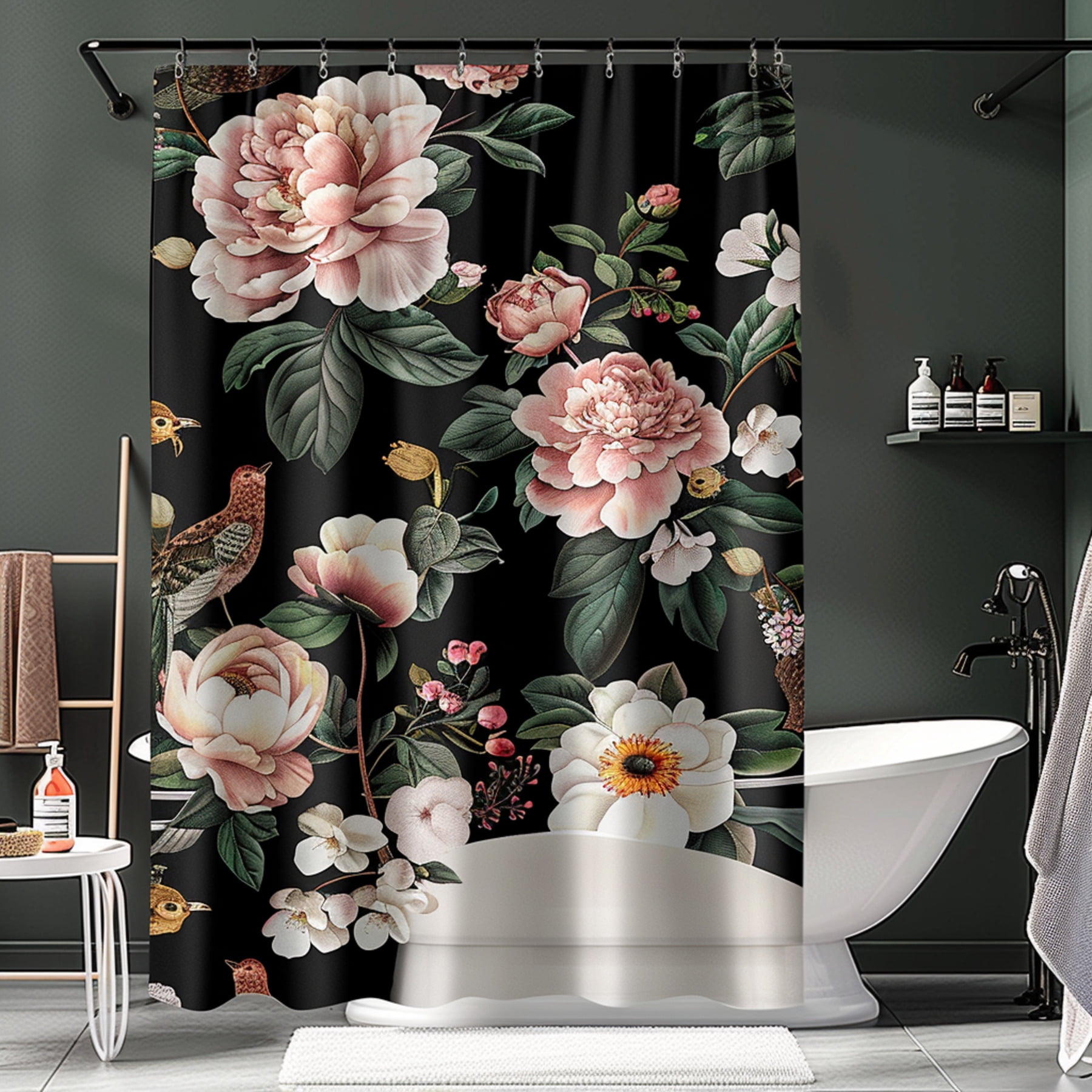Luxury Bando Style Peony And Bird Pattern Shower Curtain Highend Texture