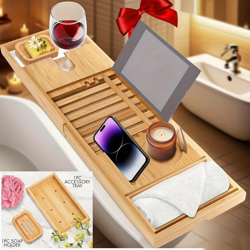 Luxury Bamboo Bathtub Caddy Tray - Adjustable Natural Wood Bath Tub ...