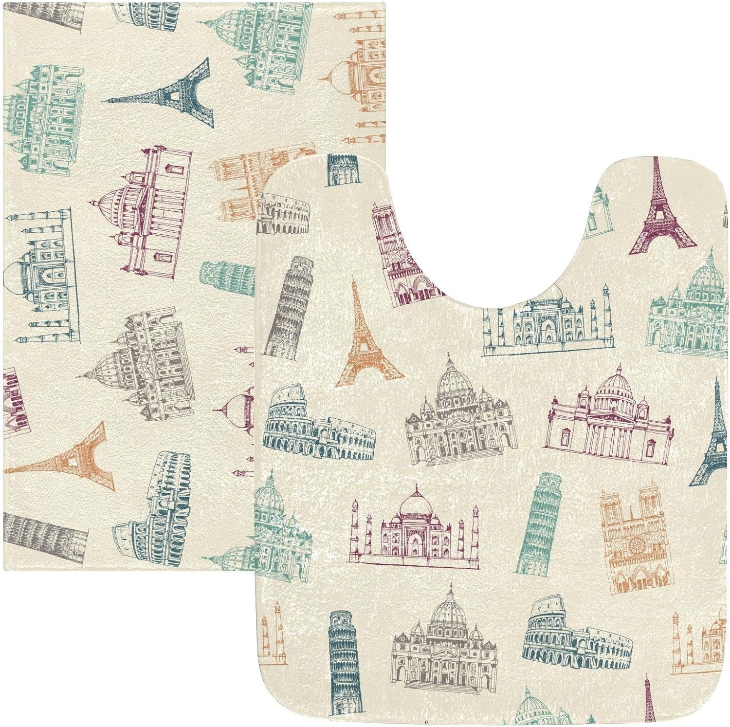 Luxury Bathroom Rug Set 2 PCS, Famous Landmarks of World Pattern Soft ...
