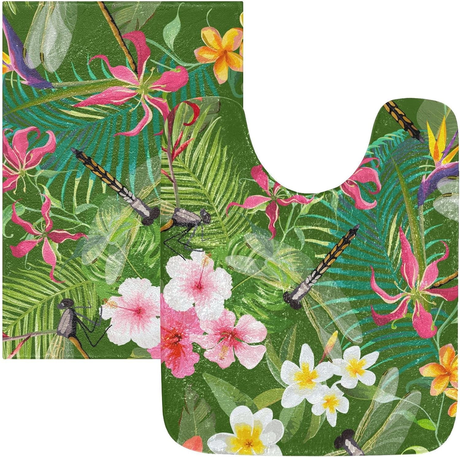 Luxury Bathroom Rug Set 2 PCS, Tropical Floral Pattern Dragonflies Soft ...