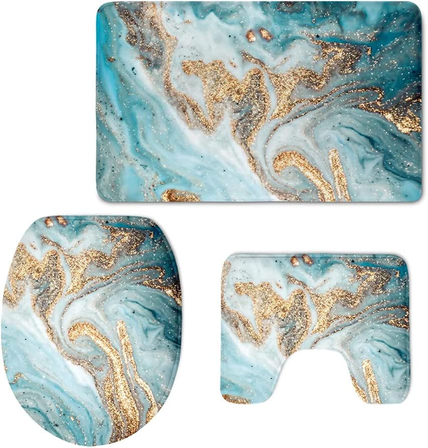 Luxury Bathroom Rugs Set of 3 Turquoise Marble Velvet Print Non Slip ...