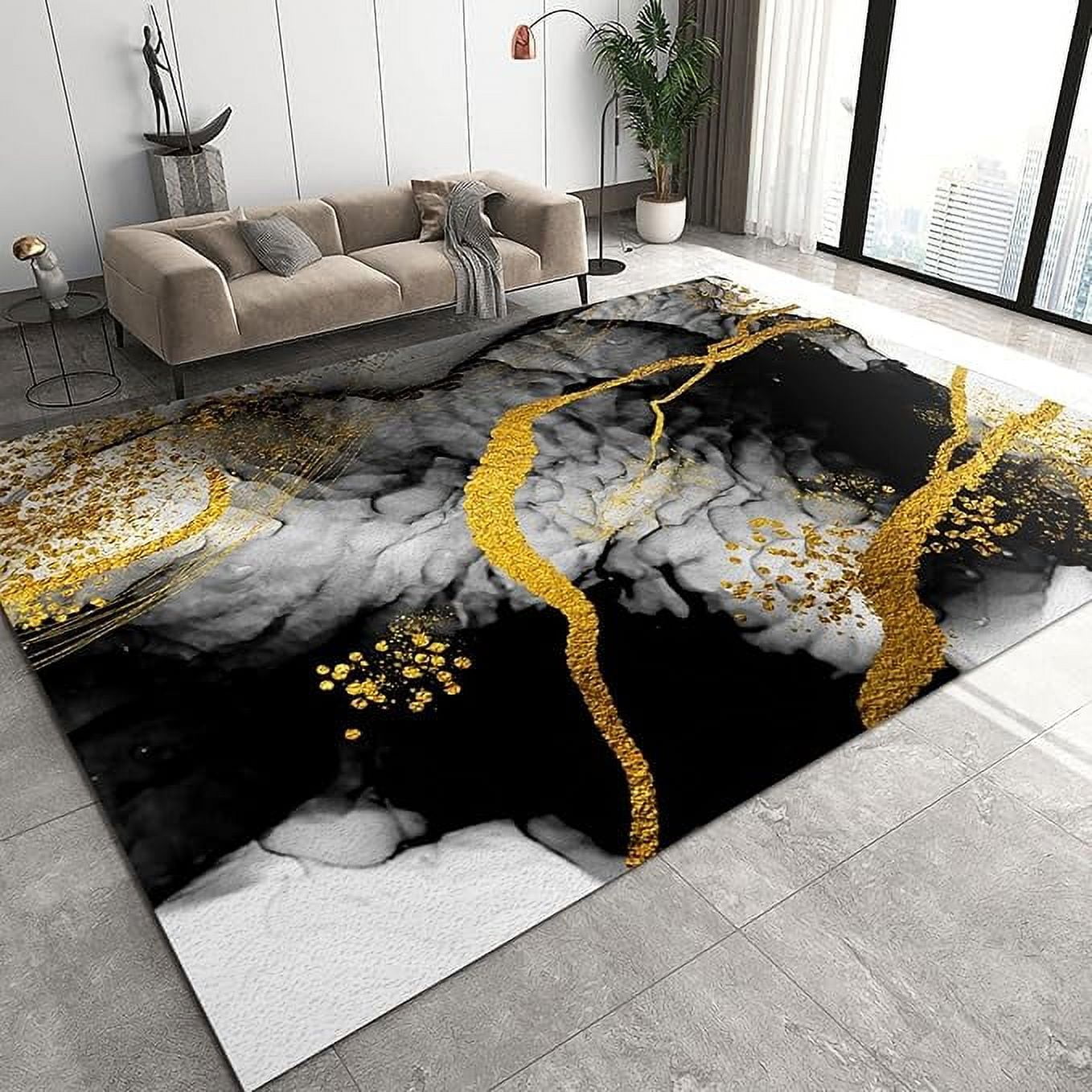 Luxury Black Gold Geometric Marble Texture Area Rugs, Modern Abstract ...