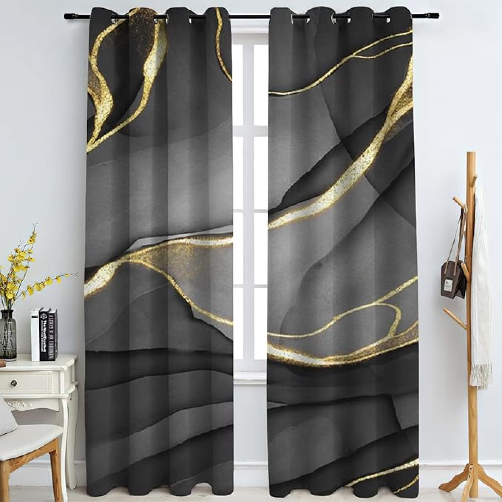 Luxury Black And Gold Geometric Stripes Window Curtains, 3D Printed ...