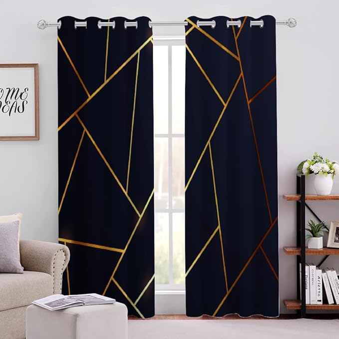 Luxury Black Gold Lines Geometry Window Curtain, Modern Fashion Print ...