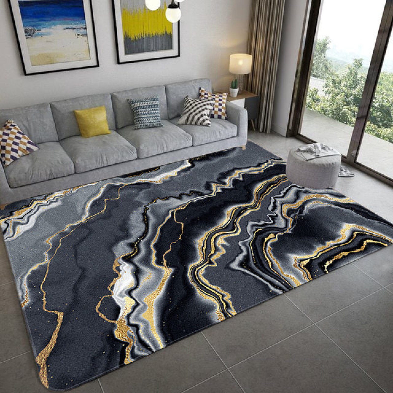 Luxury Black Gold Marble Area Rug For Living Room Black Grey Center ...